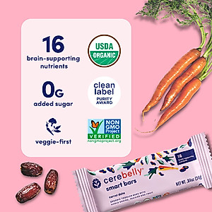 Cerebelly Toddler Snack Bars – Organic Carrot Date Smart Bars (Pack of 5), Healthy & Organic Whole Grain Bars with Veggies & Fruit, 16 Brain-supporting Nutrients from Superfoods, Nut Free, No Added Sugar, Made with Gluten Free Ingredients