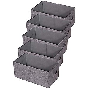 TENABORT Set of 5 Closet Organizer Bins with Handle, Linen Fabric Foldable Storage Baskets Cloth Box Containers for Shelves Home Office Clothes Clothing, Gray, Jumbo