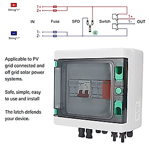 2 String PV Combiner Box with Arreste, IP65 Waterproof Solar Combiner Box with 32A Circuit Breaker, 15A Rated Current Solar Connector for Solar Panel System