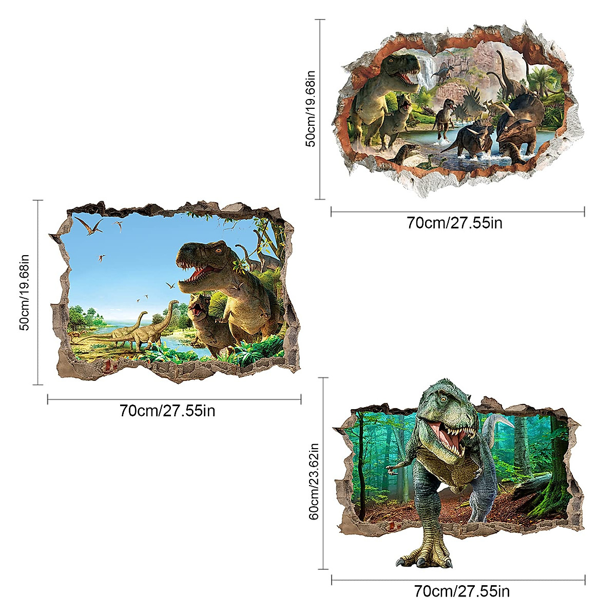 DILIBRA 3PCS 3D Broken Giant Dinosaur Wall Sticker, Simulation Crack Hole Dinosaur Wall Decal, Self-Adhesive Dinosaur Cracked Smashed Wall Decor Mural for Boys Bedroom Baby Kids Nursery
