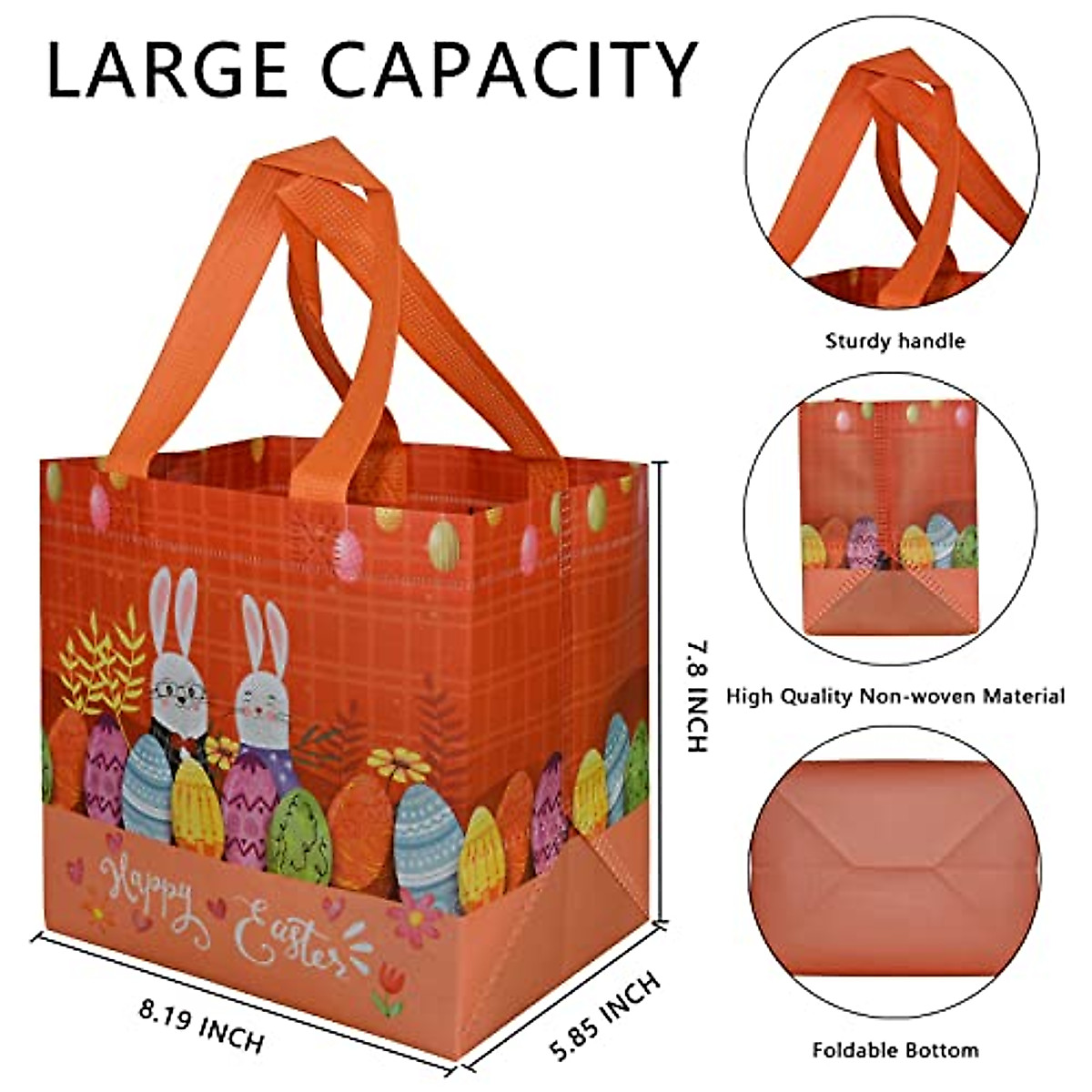 SUNSHNO 12Pack Easter Tote Bags Large Easter Gift Bags with Handles Reusable Easter Non-Woven Bags Grocery Shopping Bunny Easter Egg Totes for Easter Holiday Party Supplies-8.19’’x7.8’’x5.85’’