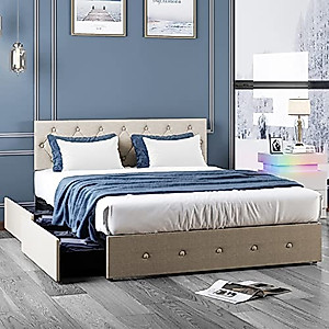Mixoy Bed Frame with 4 Storage Drawers and Headboard,Cal King Size Upholstered Bed Frame with Curved Button Tufted,Rhombic Stitched,No Box Spring Needed/Easy Assembly/No Mattress(Cal King,Beige)