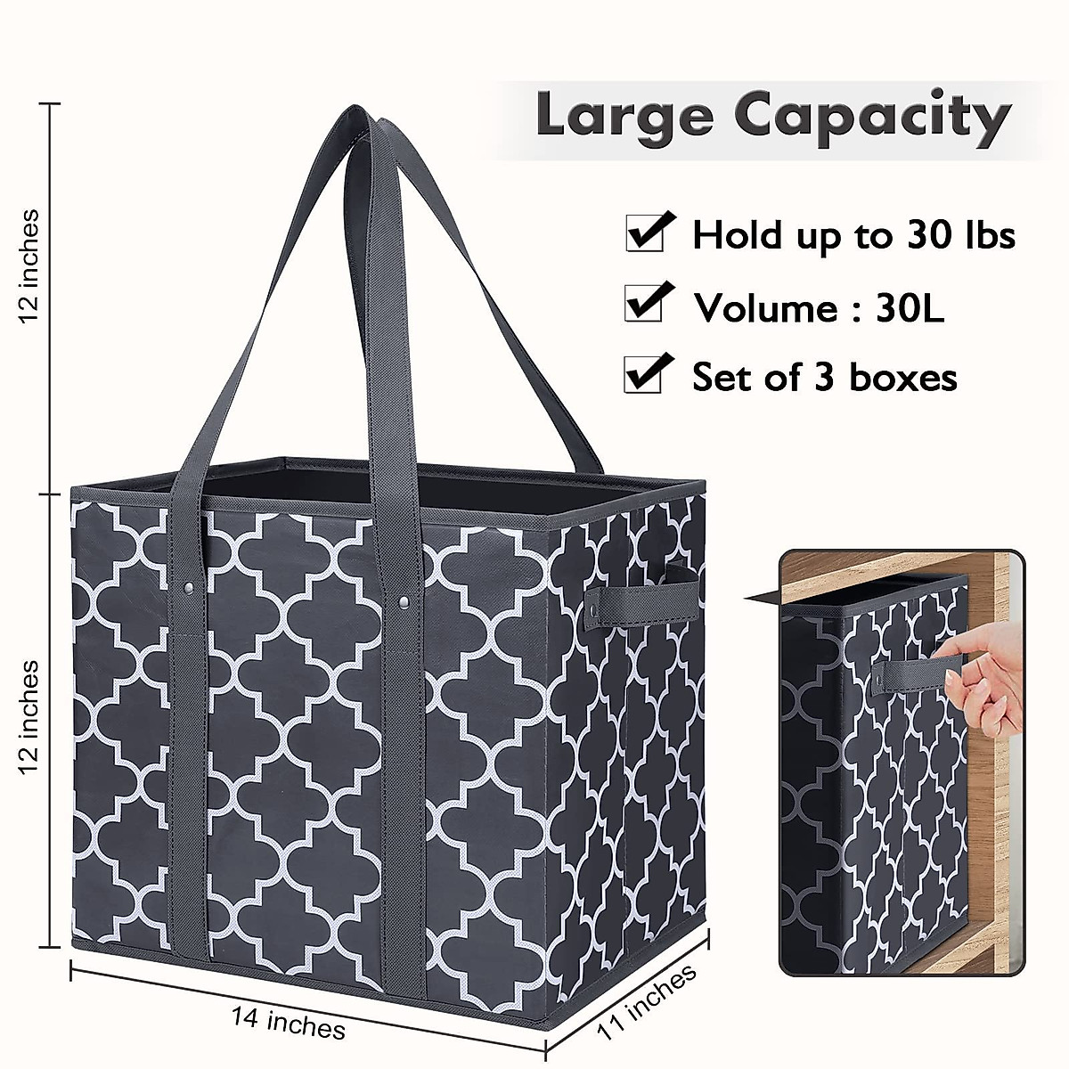 WISELIFE Reusable Grocery Bags 3-Pack Foldable Washable Large Storage Bins Basket Water Resistant Shopping Tote Bag Dark Grey