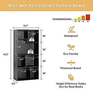 VECELO 42 Inch High Bookcase, 4-Tier Modern Storage Cabinet with Height Difference Shelves for Standard Textbooks, Floor Standing Display, 7 Cubes, Horizontal Avaiable, Easy Assembly, Black