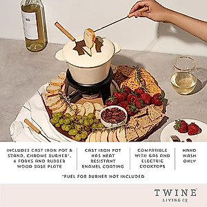 Twine Farmhouse Kitchen Enamel Cast Iron Fondue Set Cheese Melting Pot Metal Stand with Stainless Steel Forks and Chrome Gel Burner, 8.5", Off-Cream