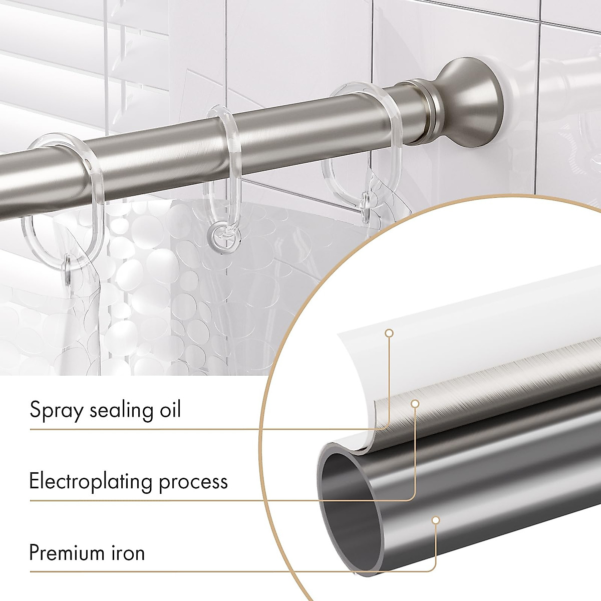 Amazer Spring Tension Curtain Rod - 54-90 Inches Rust-Resistance Shower Curtain Rod Bathroom Rod, Nickel