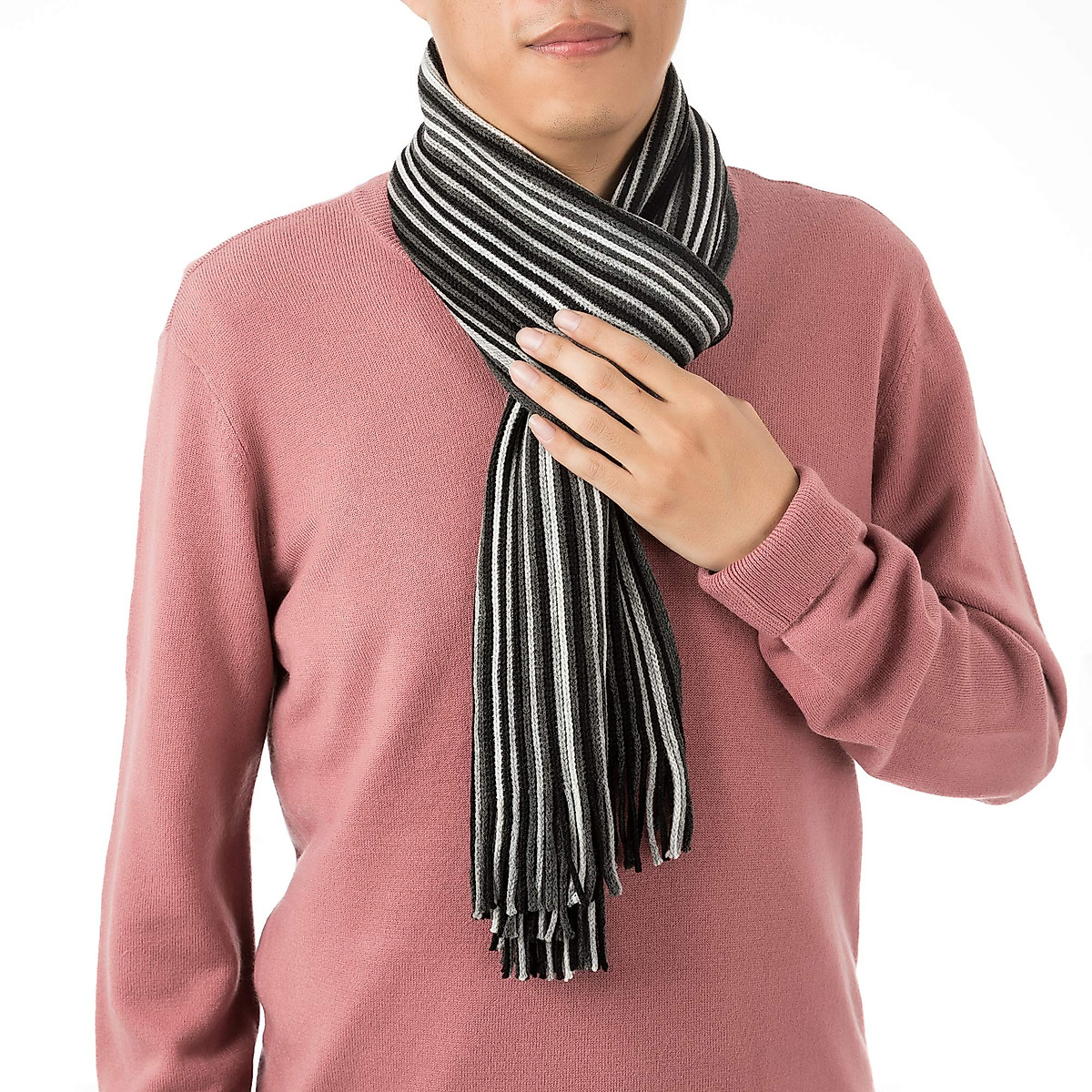Glitzhome eUty Men's Scarf Cashmere Feel Soft Male Scarve Winter Warm Striped Long Thick Striped Neckerchief Ribbed Knit Tassel Muffler