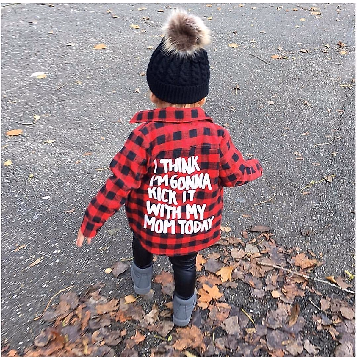Toddler Baby Boys Girls Flannel Plaid Shirt Long Sleeve Lepel Button Down Back Letters Print Shacket Coat Top (Red Kick It with Mom,1-2 Years)