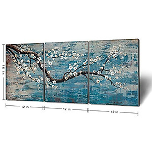 amatop 3 Piece Wall Art Hand-Painted Framed Flower Oil Painting On Canvas Gallery Wrapped Modern Floral Artwork for Living Room Bedroom Décor Teal Blue Lake Ready to Hang 12"x16"x3 Panel