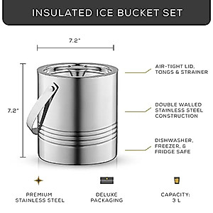 JoyJolt Metal Double Wall Ice Bucket with Lid, Ice Tongs and Strainer. 3L Insulated Ice Bucket for Cocktail Bar, Wine, Home Bar Accessories, Parties, Champagne Bucket. Stainless Steel Ice Buckets