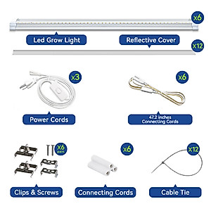 Monios-L Led Grow Lights for Indoor Plants Full Spectrum,T8 4FT 252W(6x42W) High Output Growing Strips for Seedlings,Sunlight Replacement with Reflectors, 6-Pack