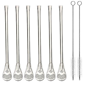 FRUTA Stainless Steel Drinking Straws with Filter Spoon 6 Pcs Reusable Yerba Mate Tea Bombilla Drinking Straws with 2 Pcs Cleaning Brushes Set, 7.1inch/18CM Long