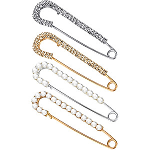 Women Brooch Pins Sweater Shawl Clips Faux Crystal Pearl Brooches Safety Pins Dress Shirt Clips for Women Gold Silver (4 Pieces)