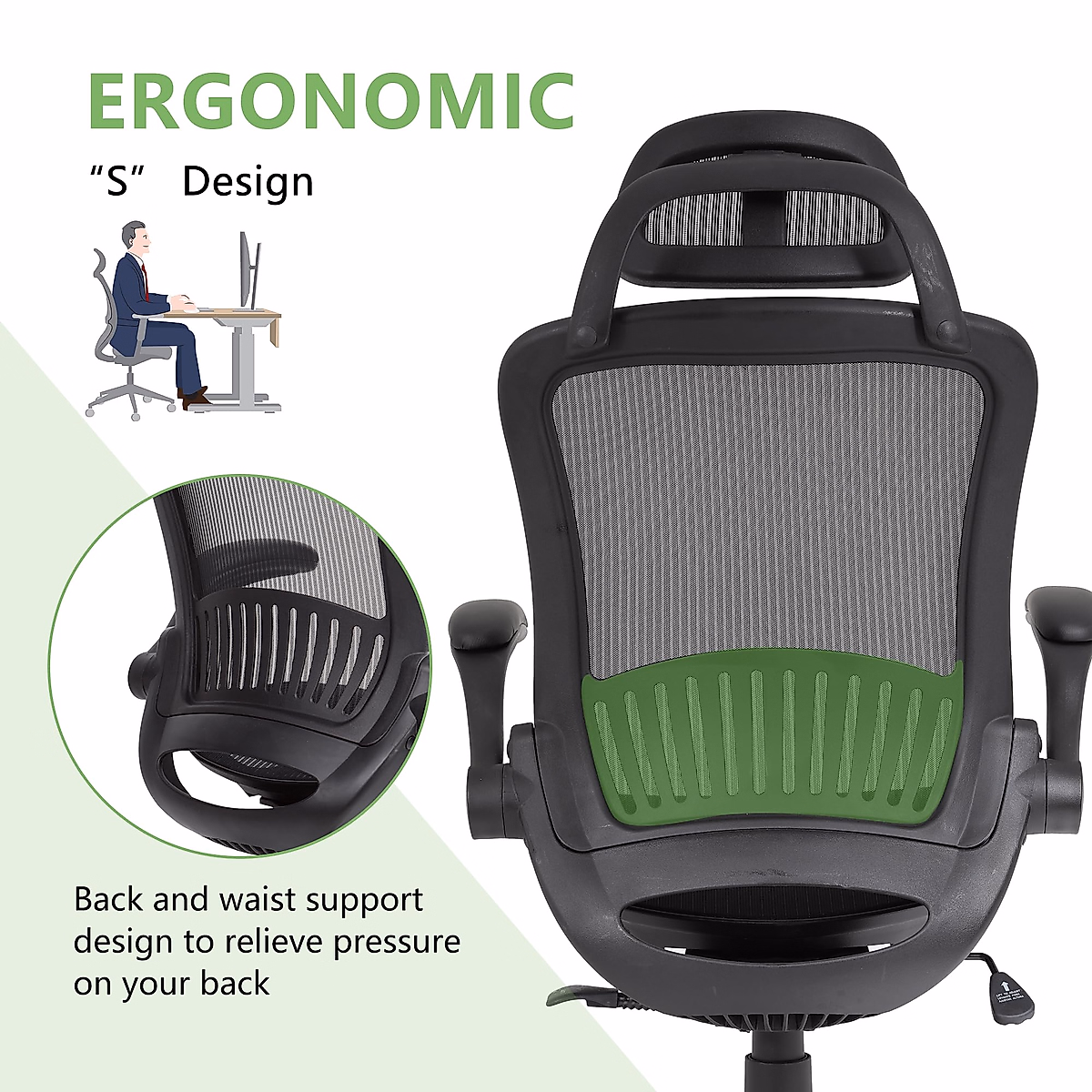 Office Chair Ergonomic Desk Chair Mesh Computer Chair with Lumbar Support Headrest Flip UP Arms Rolling Swivel Adjustable Task Chair for Adults(Black)