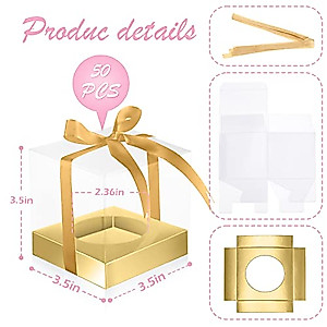 50 Pcs Clear Cupcake Boxes Individual 3.5 Inch Plastic Cupcake Containers Single Cupcake Boxes with Inserts and Ribbon Individual Cupcake Holders Cupcake Storage for Cake Dessert Carrier(Gold, Gold)