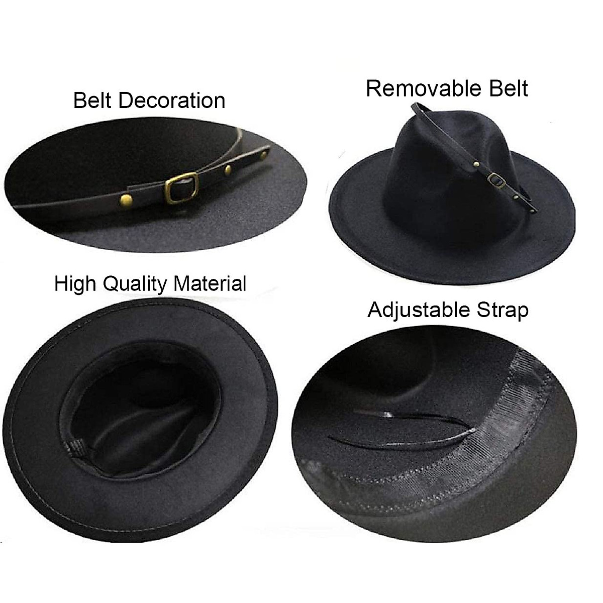 Eohak Womens Belt-Buckle-Panama-Hat Wool Womens Wide Brim Fedora Hat (S-M) Black