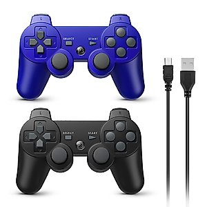 Powerextra Wireless Controller for PS3, 2 Pack High Performance Gaming Controller with Upgraded Joystick Double Shock for Play-Station 3 (Black and Blue)