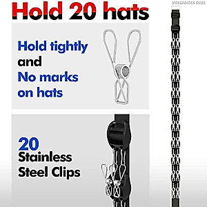 VOLCANOES CLUB Closet Oganizers and Storage - 2 Straps Hat Organizer Over The Door Storage Hanger - Baseball Caps Holder with 40 Clips, - Adjustable Closet Hook For Fitting Door Up To 93 Inch (Black)