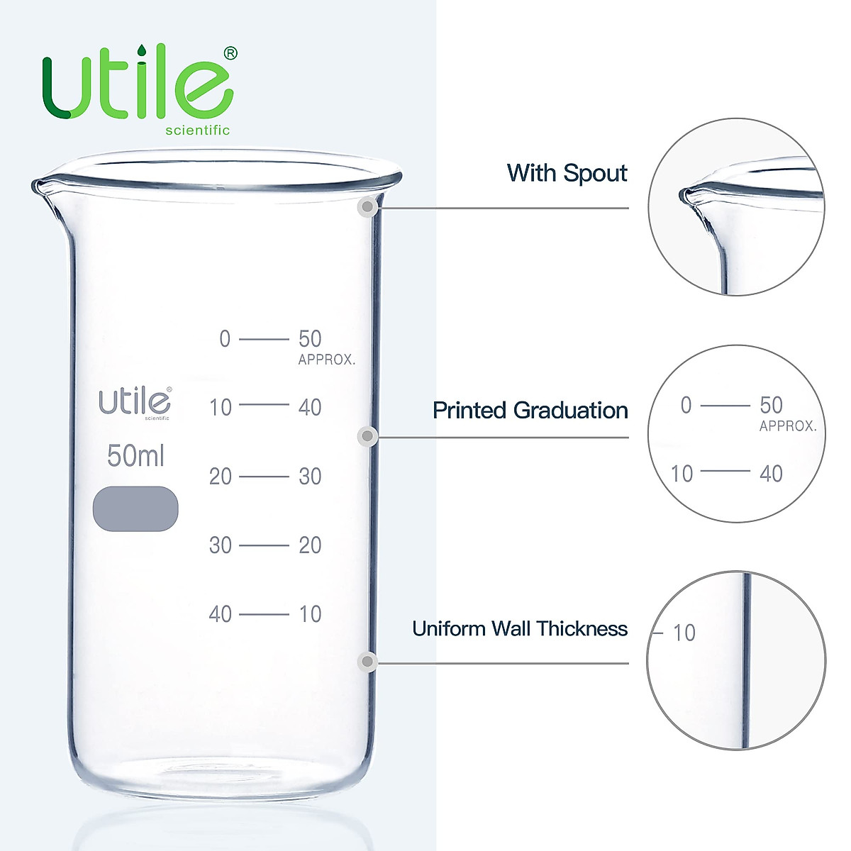 Utile 6pcs of 1.7oz(50ml) Tall Form Glass Beakers, Shot Glass, Borosilicate 3.3 Glass with Printed Graduation, 4001.0050.6