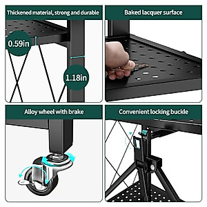 Foldable Storage Shelves on Wheels, 4 Tier Shelves for Storage, Heavy Duty Metal Shelving Units, No Assembly Storage Rack for Garage, Kitchen, Basement, Pantry, Black