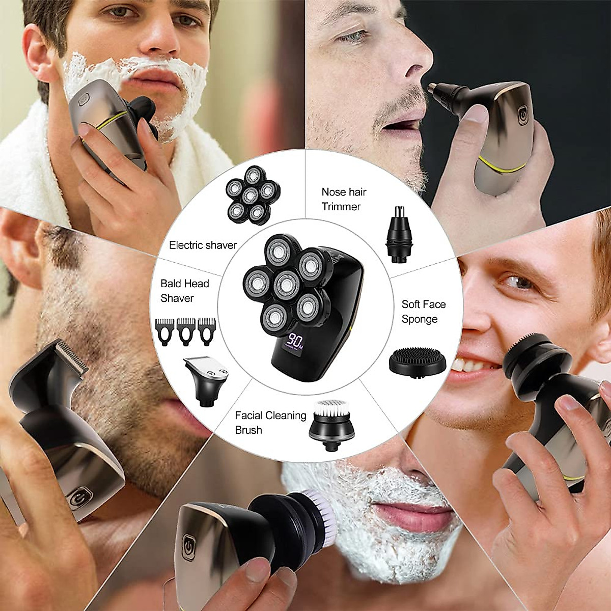 Electric Head Shaver for Bald Men, SURKER Upgrade Rotary 6 in 1 Multifunctional Electric Razor Grooming Kit, USB Rechargeable Wet and Dry Cordless Waterproof Hair Trimmers LED Display