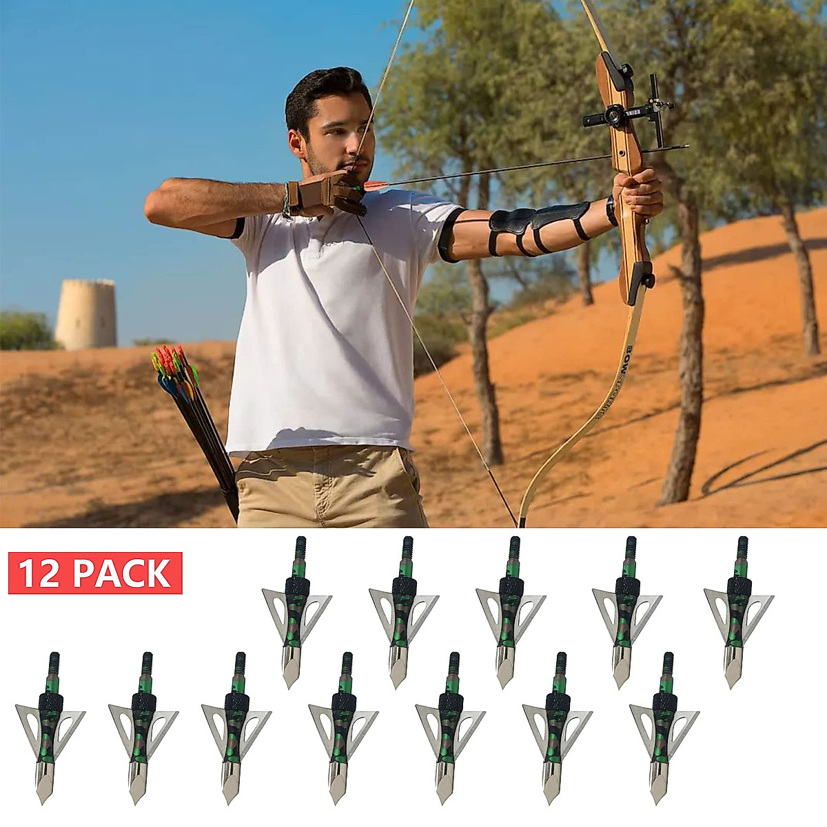 LeeMui ArcheryBroadhead Hunting Broadheads100Grains Screw-in Arrow Archery3BladesHuntingHeadsArrowTips Compatible withCrossbow andCompoundBowCamouflage Colors Hunting Arrows (Camouflage chase-12PK)