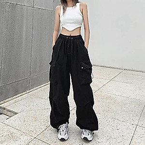 Cargo Pants for Women, Vintage High Waisted Hip Hop Joggers Pants Y2k Cargo Pants Flap Pocket Wide Straight Leg Baggy Pants Loose Fit Y2k Cargo Pants with Pockets Wide Leg Trousers E-Girl Streetwear