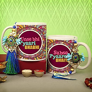 TIED RIBBONS Rakhi Lumba for Brother and Bhabhi with Gift Set | Coffee Mugs (Set of 2, 10 Oz) | Wishes Card | Roli Tika - Rakhi Bracelet for Brother Rakhi for Bhaiya