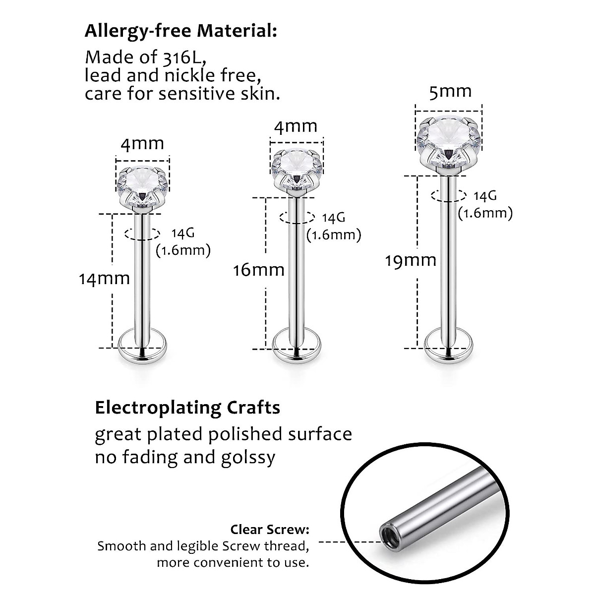 Xwnskvvz 14G Different Size Cheek Piercing Jewelry for Women Men Crystal Ashley Piercing Jewelry lip Jewelry Dimple Studs Tongue Rings with Flat Back