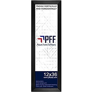 PictureFrameFactory 12”x36” Picture Frame | 1.25" Black MDF | Plexi Glass and Wire Hanging Hardware Included
