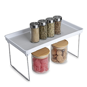 Smart Design Stackable Cabinet Shelf - Non-Slip Lining and Feet - BPA Free - Cupboard, Counter, Pantry, Storage, Kitchen Organizer - White with Gray