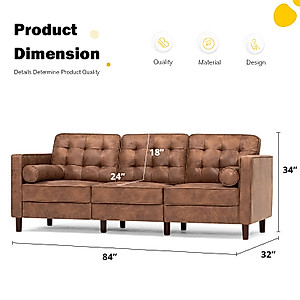 Lesofair 84" Faux Leather 3 Seater Sofa with 2 Bolster Pillows, Tufted Sofa with Wooden Legs, Mordern Couch for Living Room, Office, Apartment, Brown