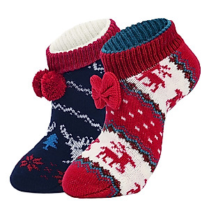 Slipper Socks for Women with Grippers Non Slip Christmas Socks Fuzzy Socks Comfy Winter Hospital Socks Warm Deer 2 Pack
