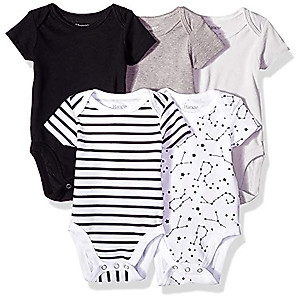 Hanes Baby Bodysuits, Ultimate Flexy Short Sleeve for Boys & Girls, 5-Pack, Grey/Black Stripe, 0-6 Months