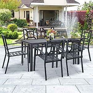 AECOJOY 7 Piece Outdoor Dining Set, Patio Table and Chairs Set with Rectangular Aluminum Table and 6 Metal Stackable Chairs for Garden, Backyard, Matte Black