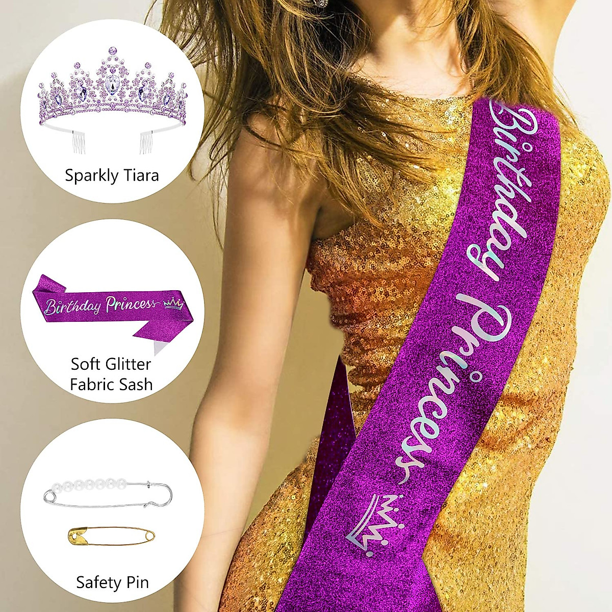 CHANACO Princess Crown Birthday Sash and Tiara Set - Rhinestone Headband, Purple Crown, and Girl's Birthday Decorations Gift