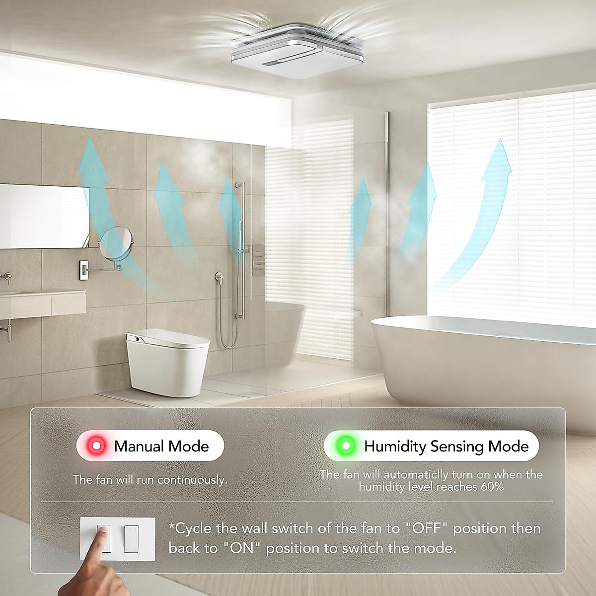 OREiN Bathroom Exhaust Fan with Light, 30W Exhaust Fan with Humidity Sensor, 80/110 CFM 0.8/1.0 Sone Bathroom Vent Fan with Light for Home, 1500lm LED Light 3000K/4000K/5000K Selectable & Nightlight