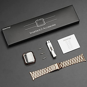 iiteeology Compatible with Apple Watch Band 44mm SE/Series 6 5 4, Upgraded Stainless Steel Link Replacement Band with iWatch Screen Protector Case Rose Gold