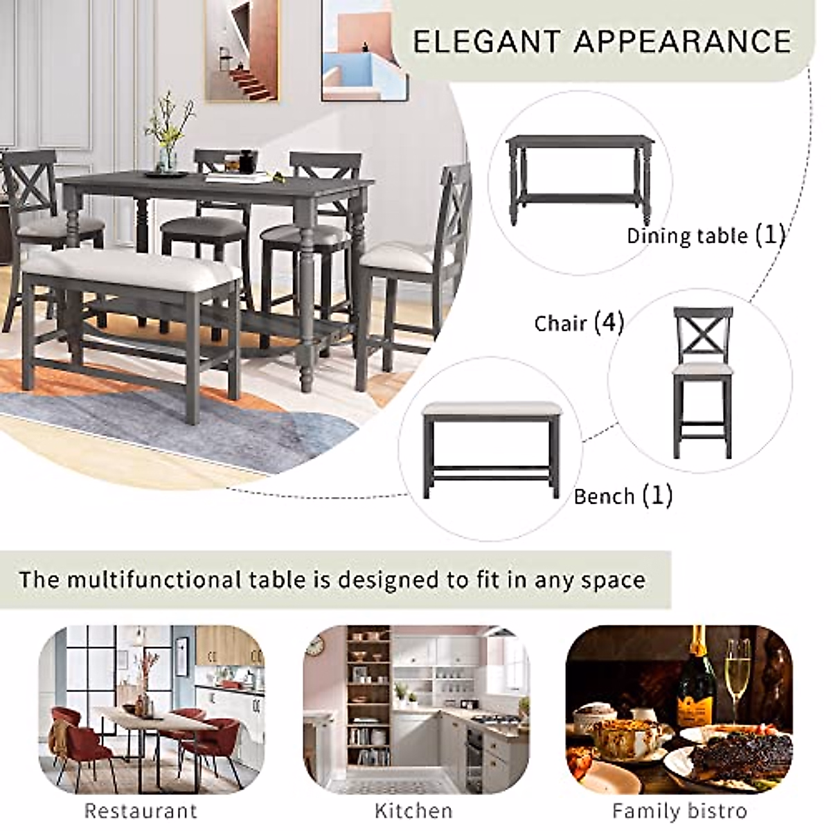 WOZNLA 6-Piece Counter Height Dining Set - Rectangular Wood Table with Shelf, 4 Upholstered Chairs, 1 Bench - Ideal for Kitchen and Family Dining