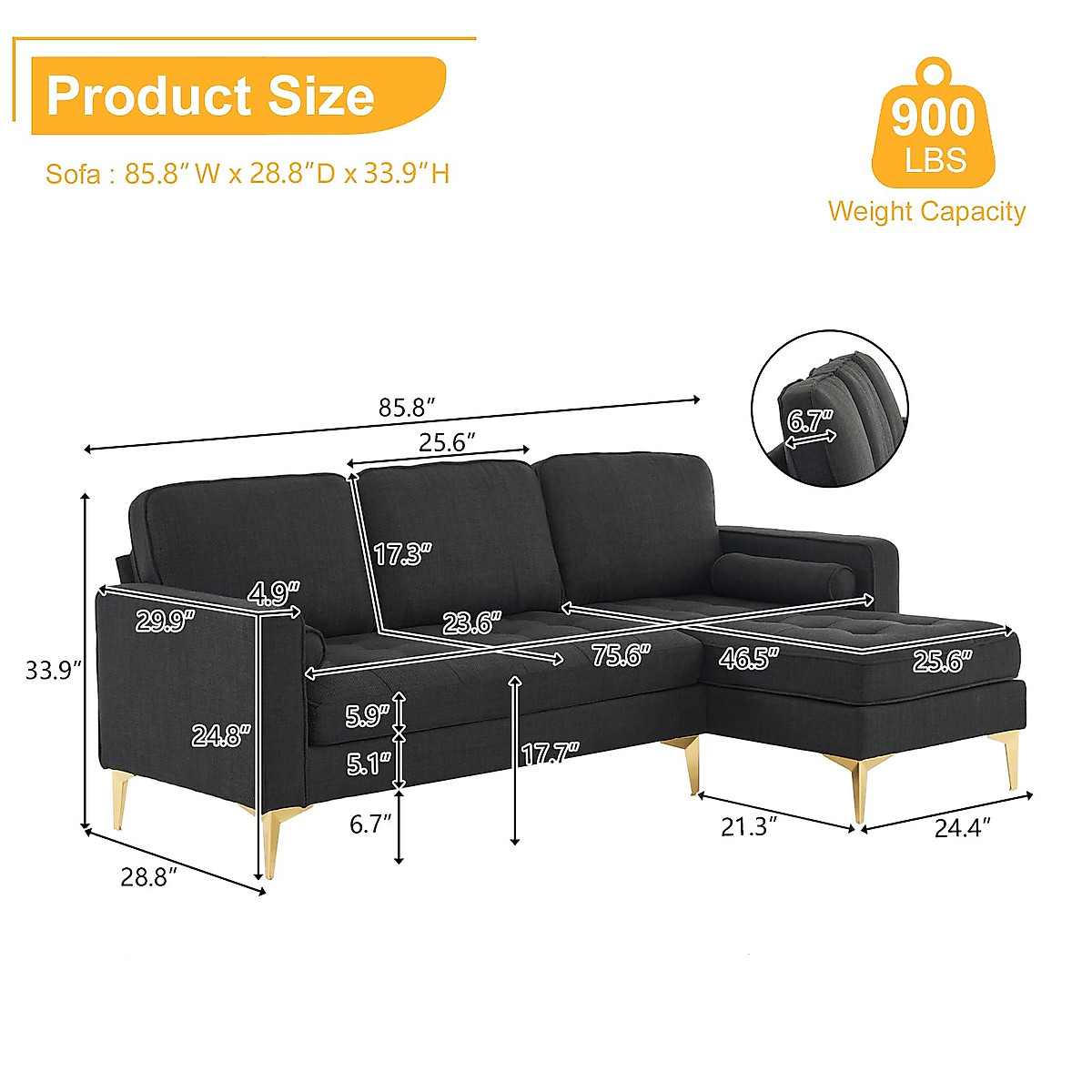 Karl home L-Shape Sectional Sofa Linen Fabric Sofa Couch Living Room Futon Couch with Reversible Chaise, Lattice Decored Seat Cushion, Black