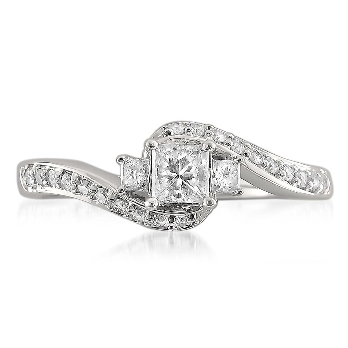 Beyond Brilliance 1/2 Carat Diamond, Prong-Set 14K White Gold Three-Stone Princess Cut & Round Diamond Engagement Ring (I-J, I1-I2)