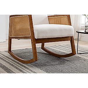 Lamerge Rattan Rocking Chair, Wooden Rocker Glider, Linen Upholstered Nursery Rocking Chair, Rattan Accent High Backrest Comfortable Glier Chair for Living Room, Bedroom, Nursery, Beige