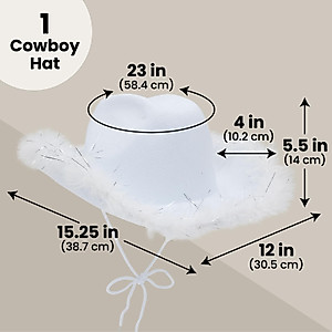 Zodaca White Cowboy Hat for Men and Women with Feathers, Western Felt Fluffy Cowgirl Hat for Costume, Dress Up Birthday, Bachelorette, and Bachelor Party Accessories