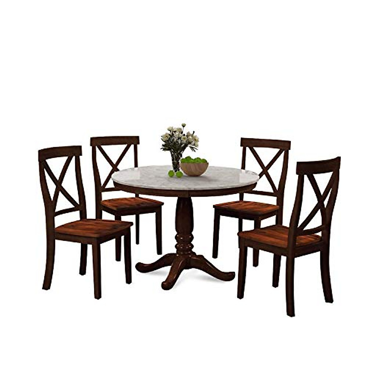 5 Pieces Dining Table and Chairs Set, Wood Kitchen Set with Round Marble Veneer Top Dining Table and 4 Chairs, Rustic Dining Table Set for 4 Persons