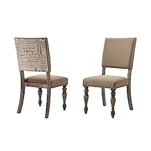 Roundhill Furniture Birmingham Script Printed Driftwood Finish Dining Chair with Nail head, Set of 2,
