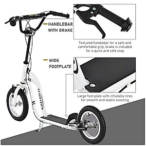 Aosom Youth Scooter Front and Rear Caliper Dual Brakes 12-Inch Inflatable Front Wheel Ride On Toy for Age 5+, White
