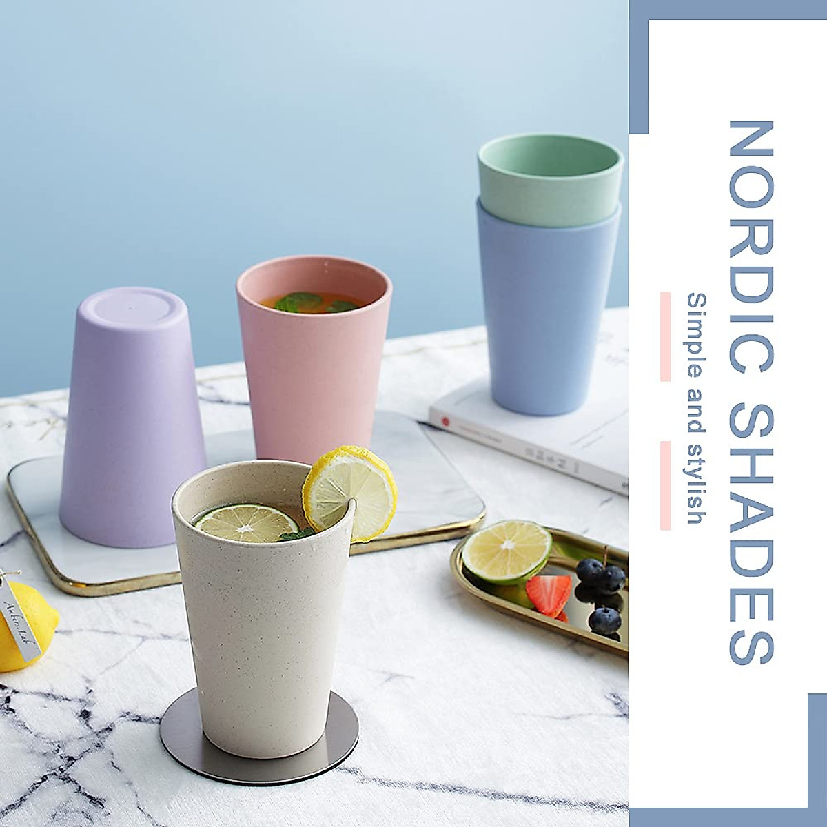 Roucerlin 5PCS Big 20OZ Wheat Straw Cup, Unbreakable Reusable Drinking Cups Water Cup, Stackable Coffee Cup Juice Tumblers, Mug for Coffee, Tea, Water, Milk, Juice (Beige)