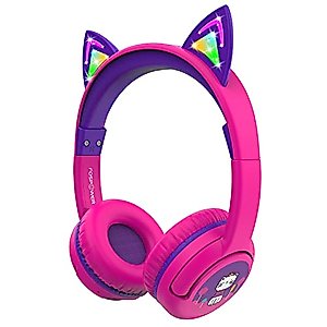 FosPower Bluetooth Kids Headphones with 3.5mm Audio Cable Included, Up to 50 Hours of Playtime & LED Light Up Ears, Wireless or Cable Connected Headphones for Kids (Max 85dB) - Hot Pink/Purple