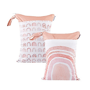 Baby Wet Dry Bags - 2 Pack 11.8 * 15.7 Inch Reusable, Washable Cloth Diapers for Baby Stroller, Diapers, Travel Bags Beach, Pool, Gym Bag with Two Zippered Pockets Cute Animal Pattern (Rainbow)