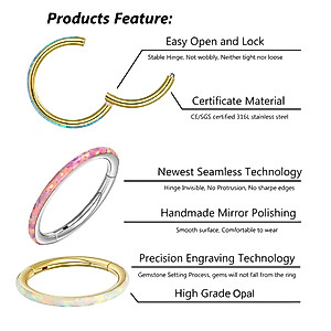 MIFANS Nose Ring Hoop, Lip Septum Cartilage Helix Tragus Conch Rook Daith Lobe Hoop Earrings Body Piercing Jewelry with White Opal 16G Diameter 8mm 10mm, Small Gold Hoop Earrings for Women Men